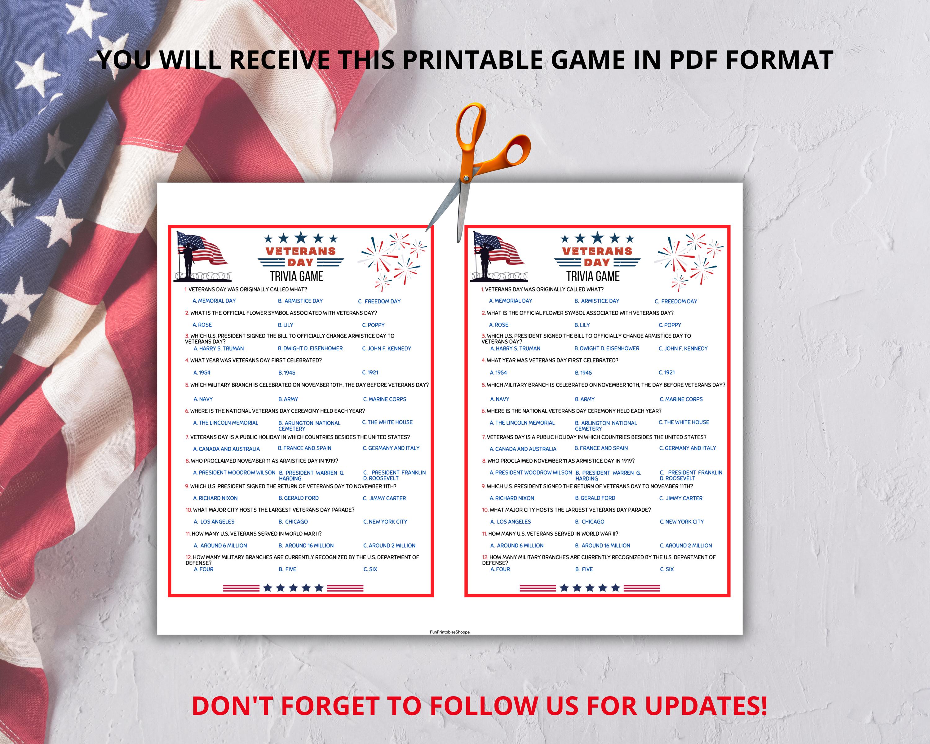 Veterans Day Trivia Game,veterans Day Quiz,patriotic Games,veterans Day ...