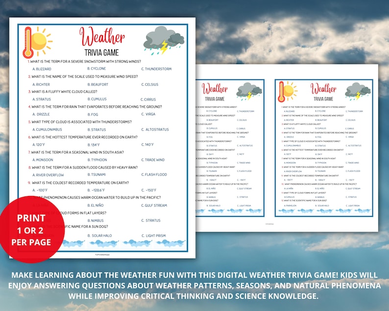 Weather Trivia Game,weather Quiz,weather Questions,weather Printable ...