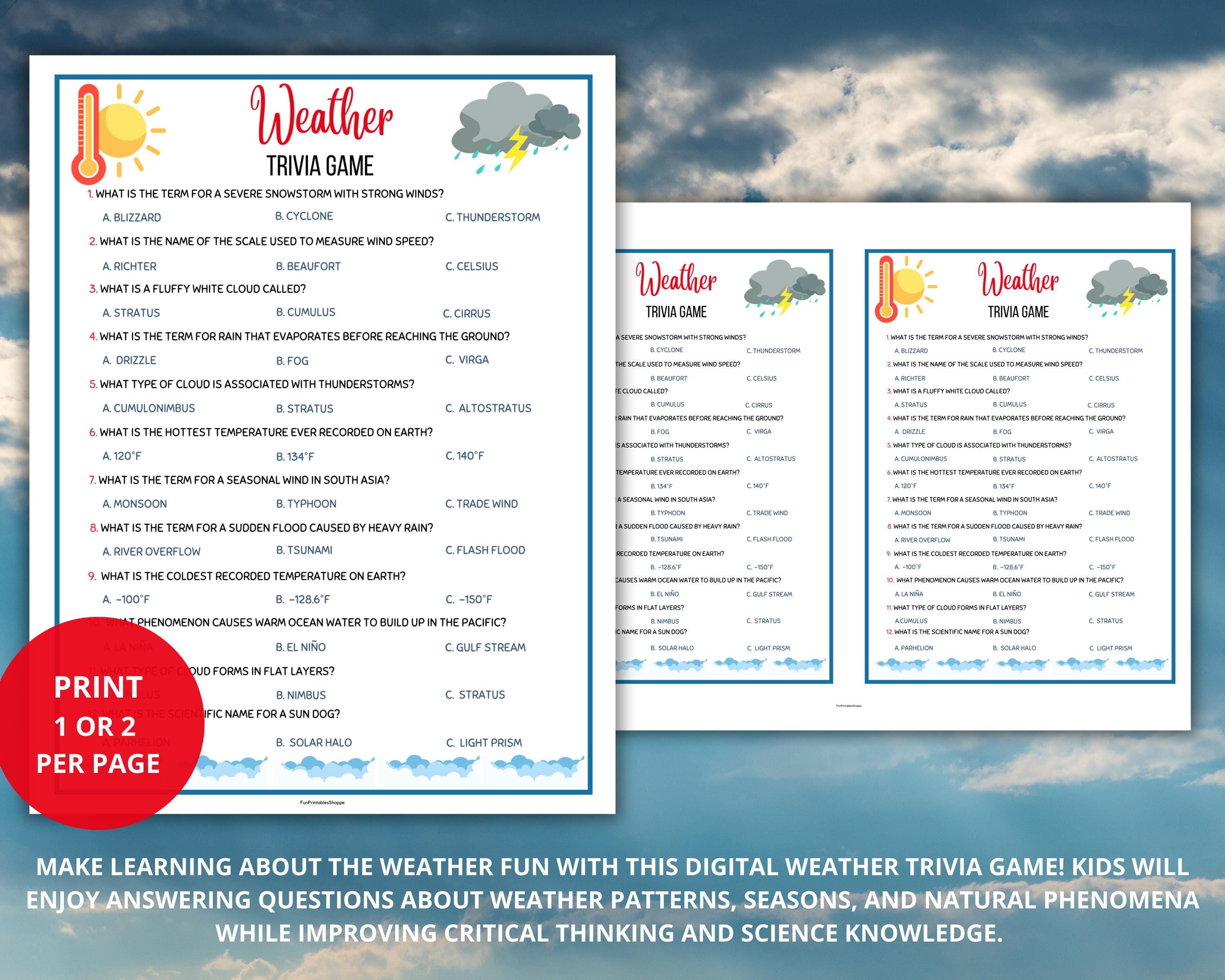 Weather Trivia Game,weather Quiz,weather Questions,weather Printable ...