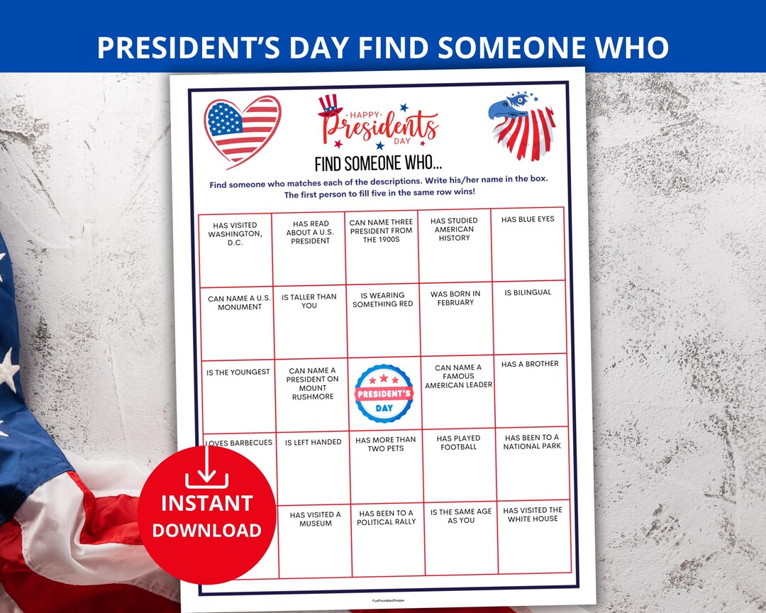 Find Someone Who Game,presidents Day Game,mix and Mingle Bingo ...
