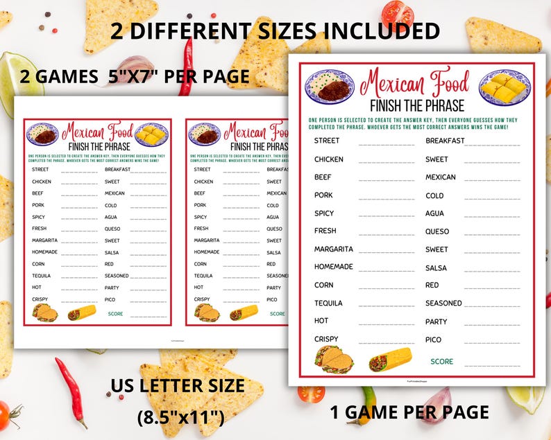 Mexican Food Game,mexican Party Finish the Phrase Game,taco Party Game ...