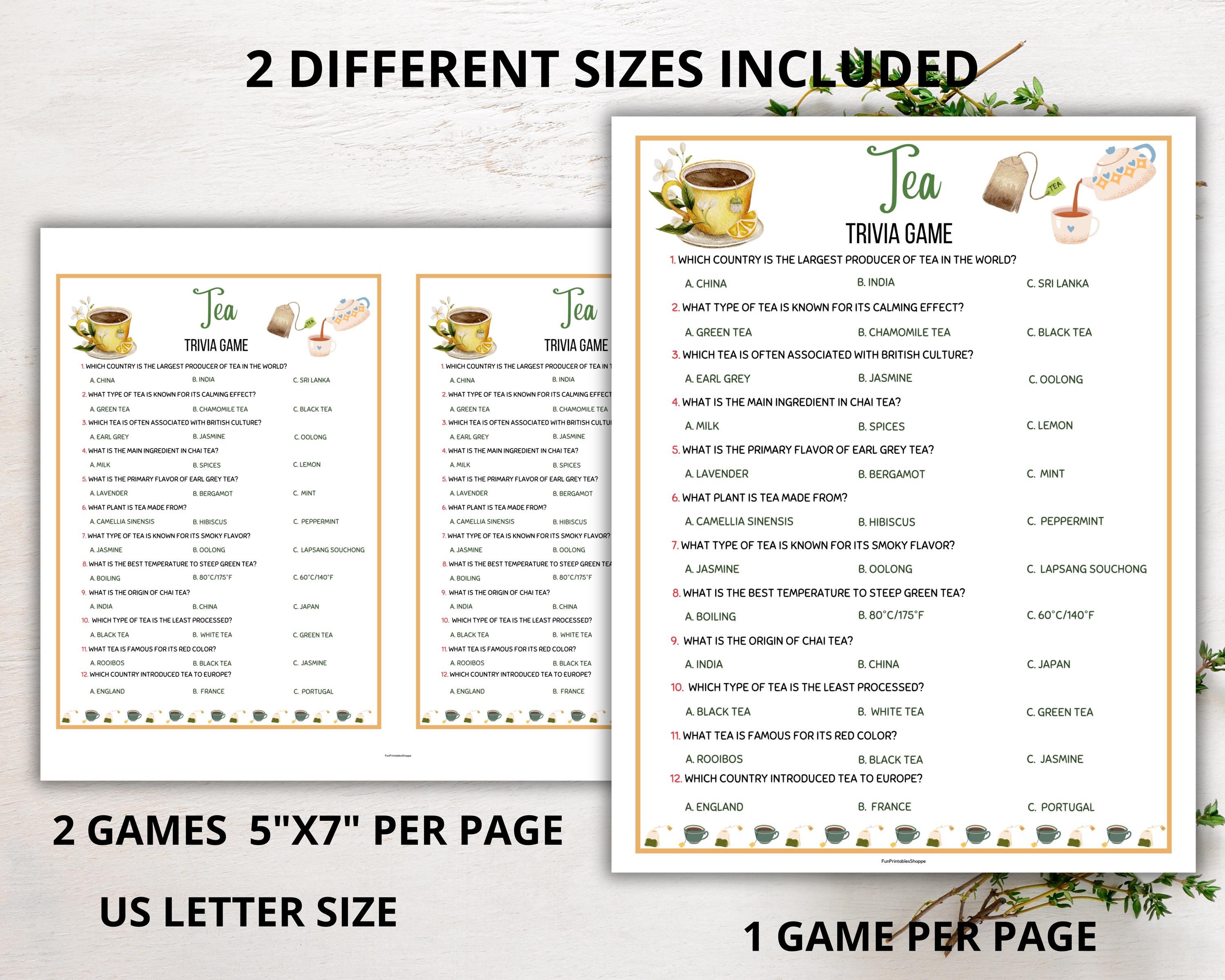 Tea Trivia Game,tea Trivia Quiz,tea Question,tea Games Printable,drink ...