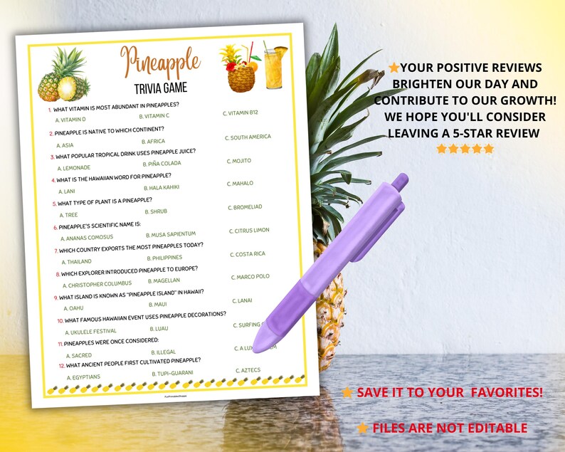 Pineapple Trivia Game,hawaiian Party Game,luau Birthday,tropical Game ...