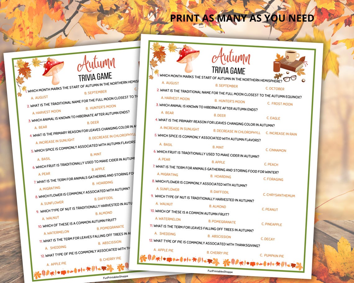Fall Trivia Game,autumn Trivia Quiz,fall Party Game,autumn Activity ...