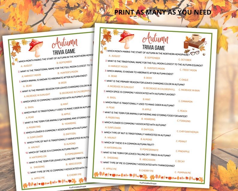 Fall Trivia Game,autumn Trivia Quiz,fall Party Game,autumn Activity ...