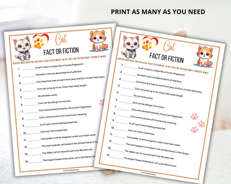 Cat Trivia,cat Fact or Fiction,cat Party Game,cat Lovers,true or False ...