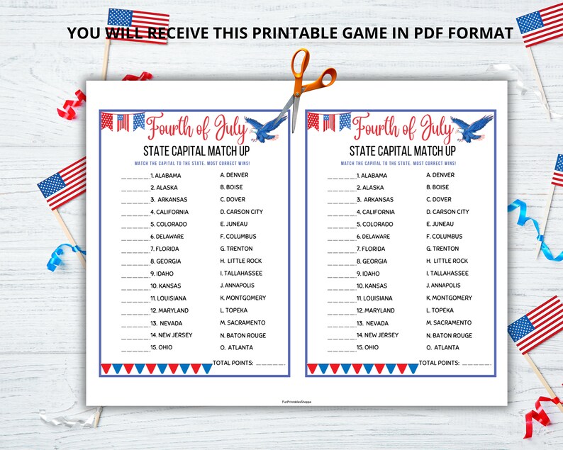 Fourth of July State Capital Match,july 4th Party Game,4th of July ...