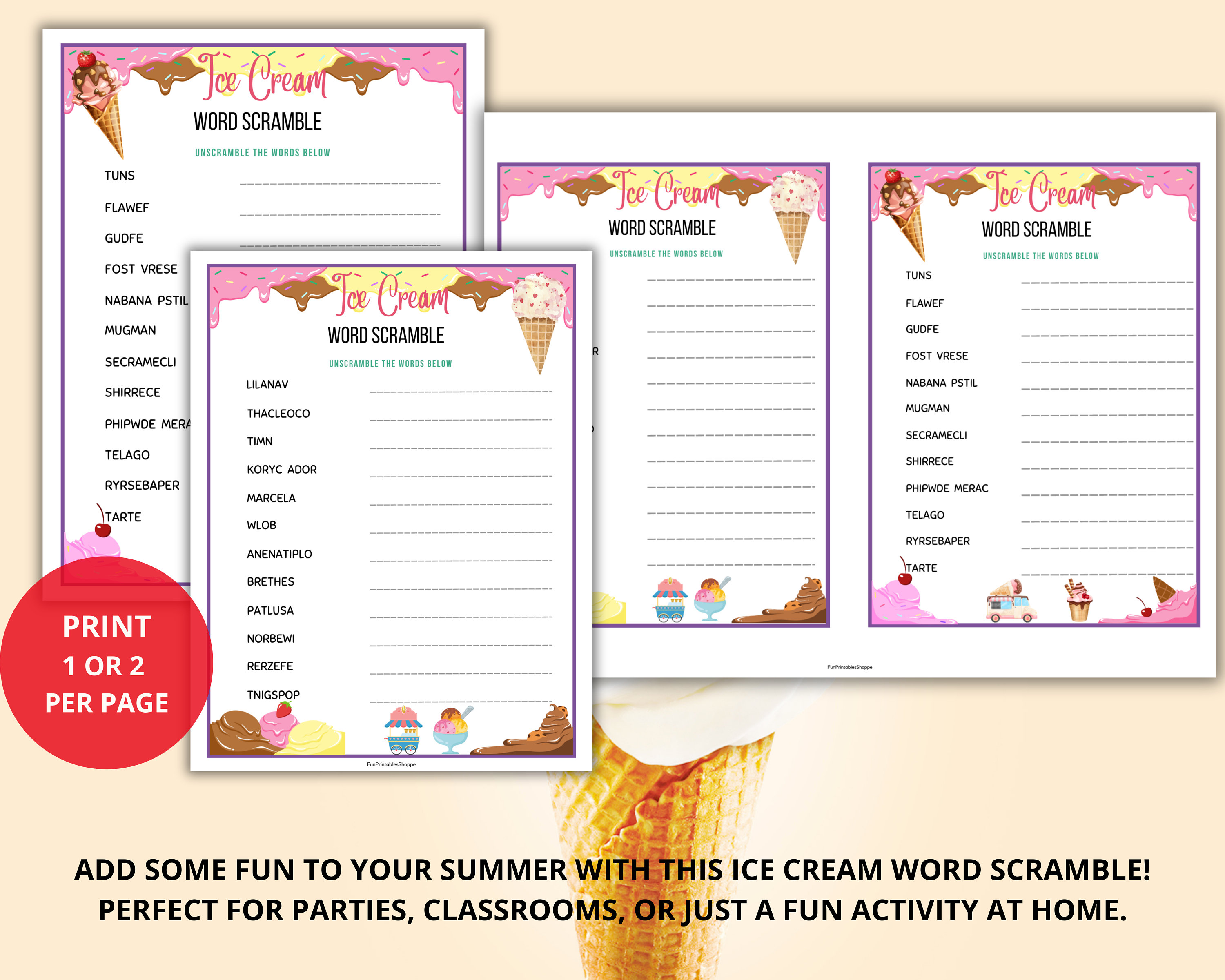 Ice Cream Word Scramble,ice Cream Party Game,word Search,ice Cream ...