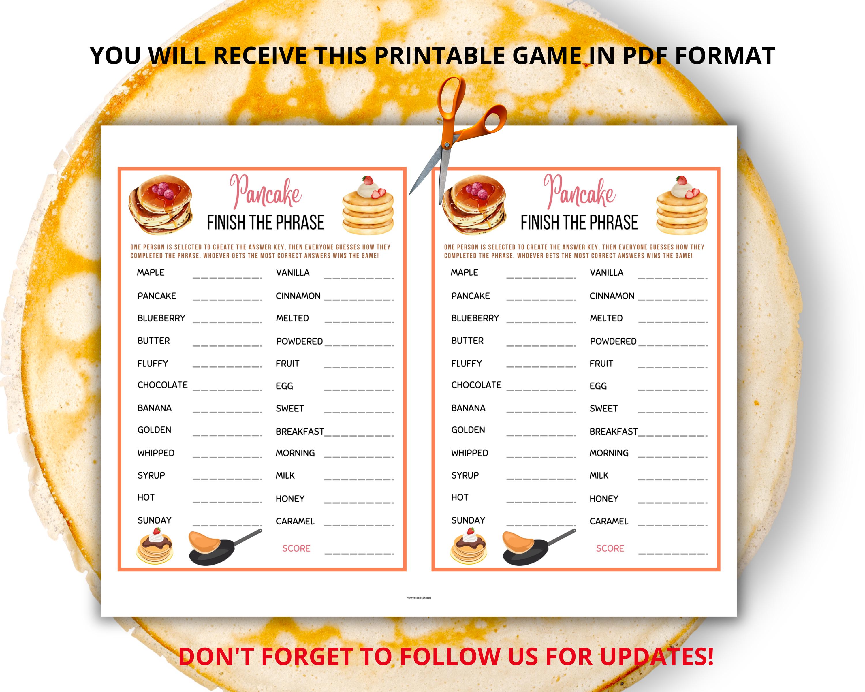 Pancake Finish the Phrase Game,pancake Trivia,pancake Party Game ...