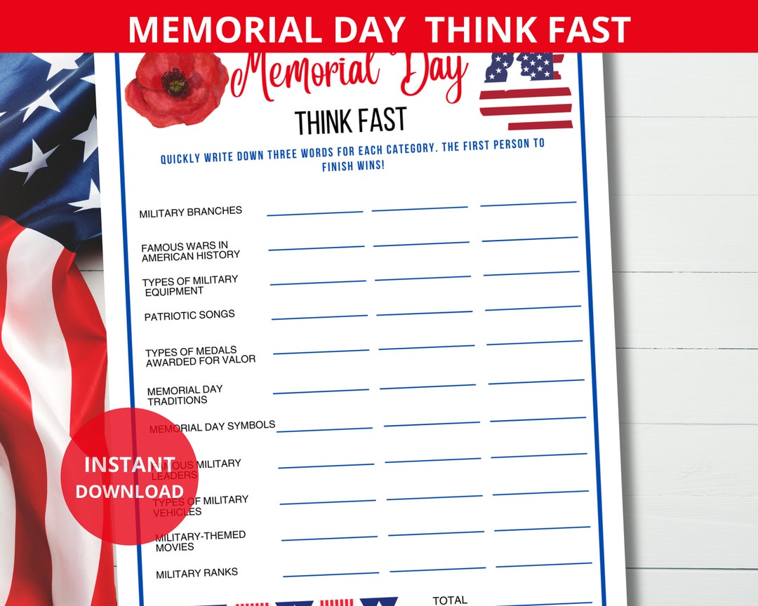 Memorial Day Think Fast,memorial Day Games,quick Think,memorial Day ...