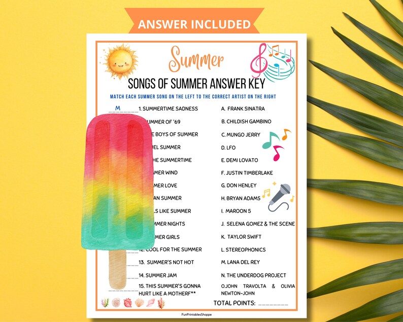 Songs of Summer Matching Game,summer Trivia,summer Songs Matchup ...
