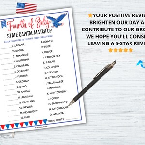 Fourth of July State Capital Match,july 4th Party Game,4th of July ...