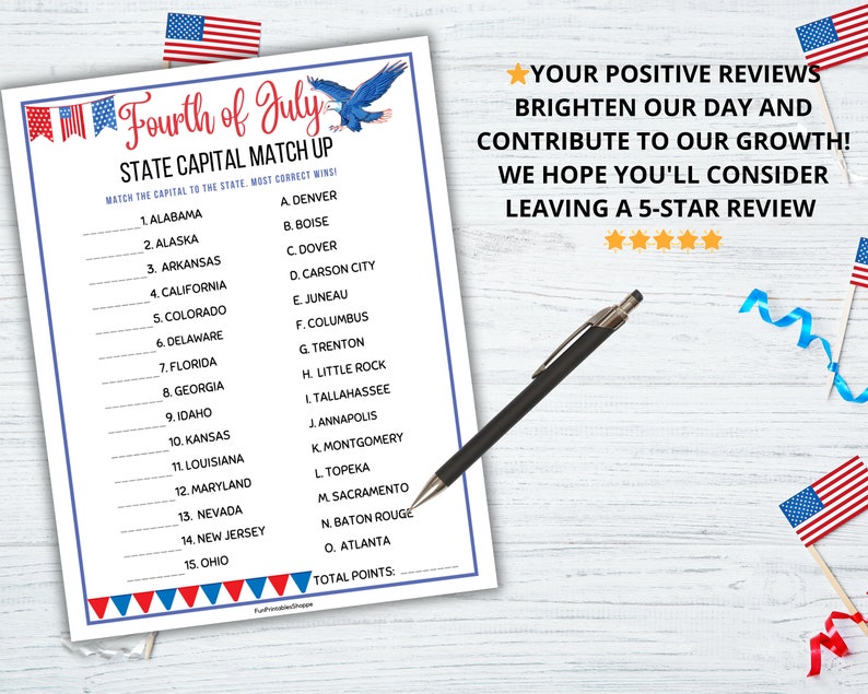 Fourth of July State Capital Match,july 4th Party Game,4th of July ...