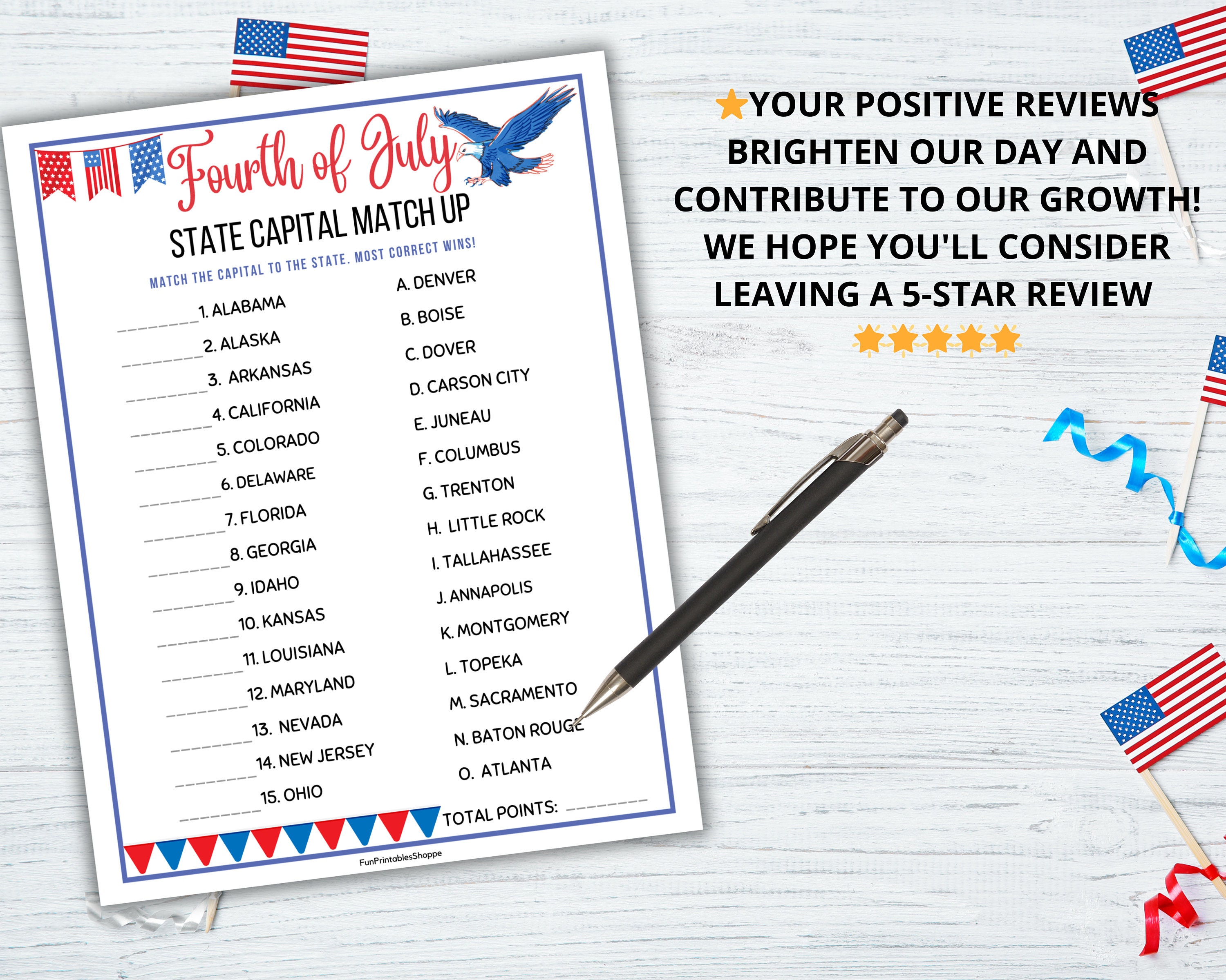 Fourth of July State Capital Match,july 4th Party Game,4th of July ...