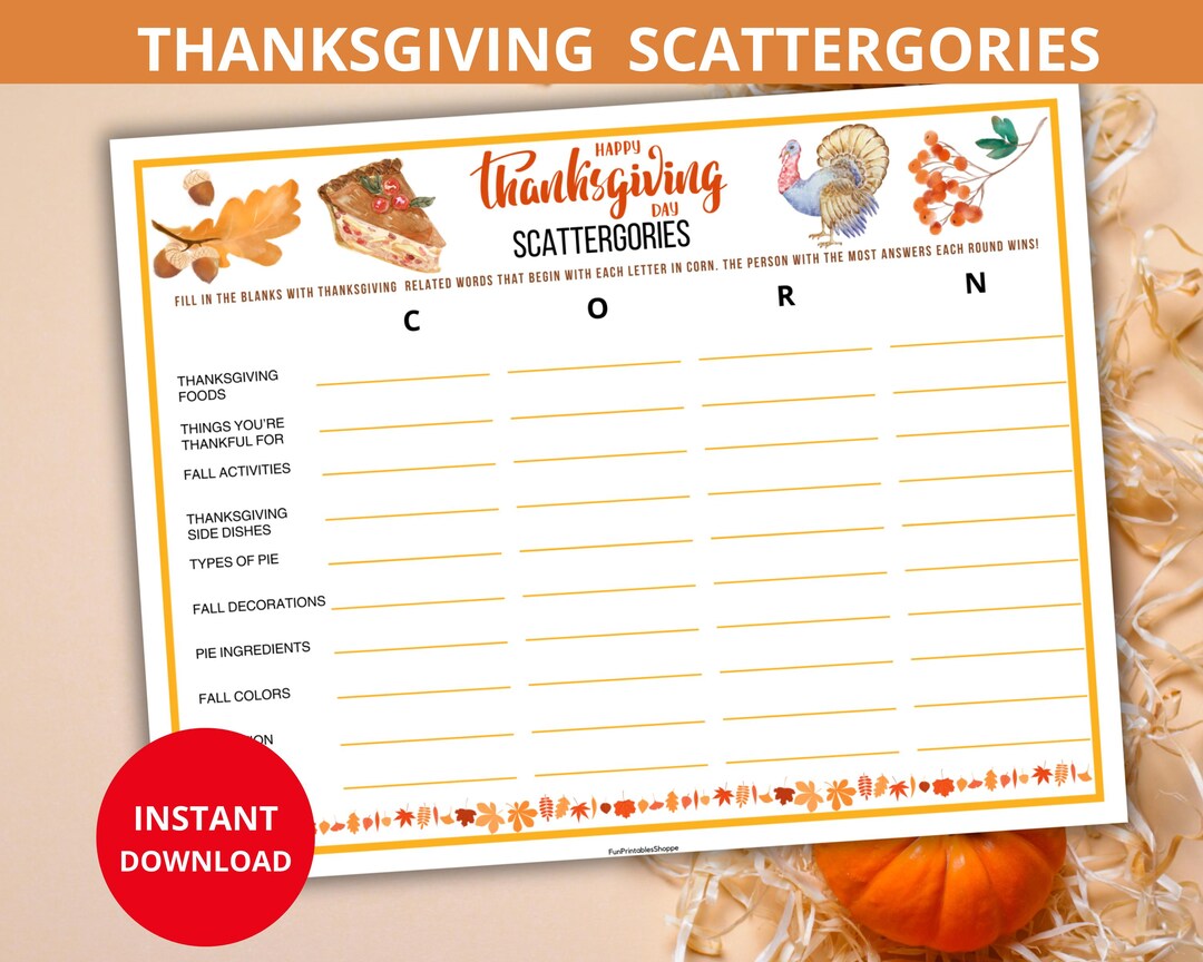 Thanksgiving Scattergories,thanksgiving Word Game,turkey Day Quiz ...