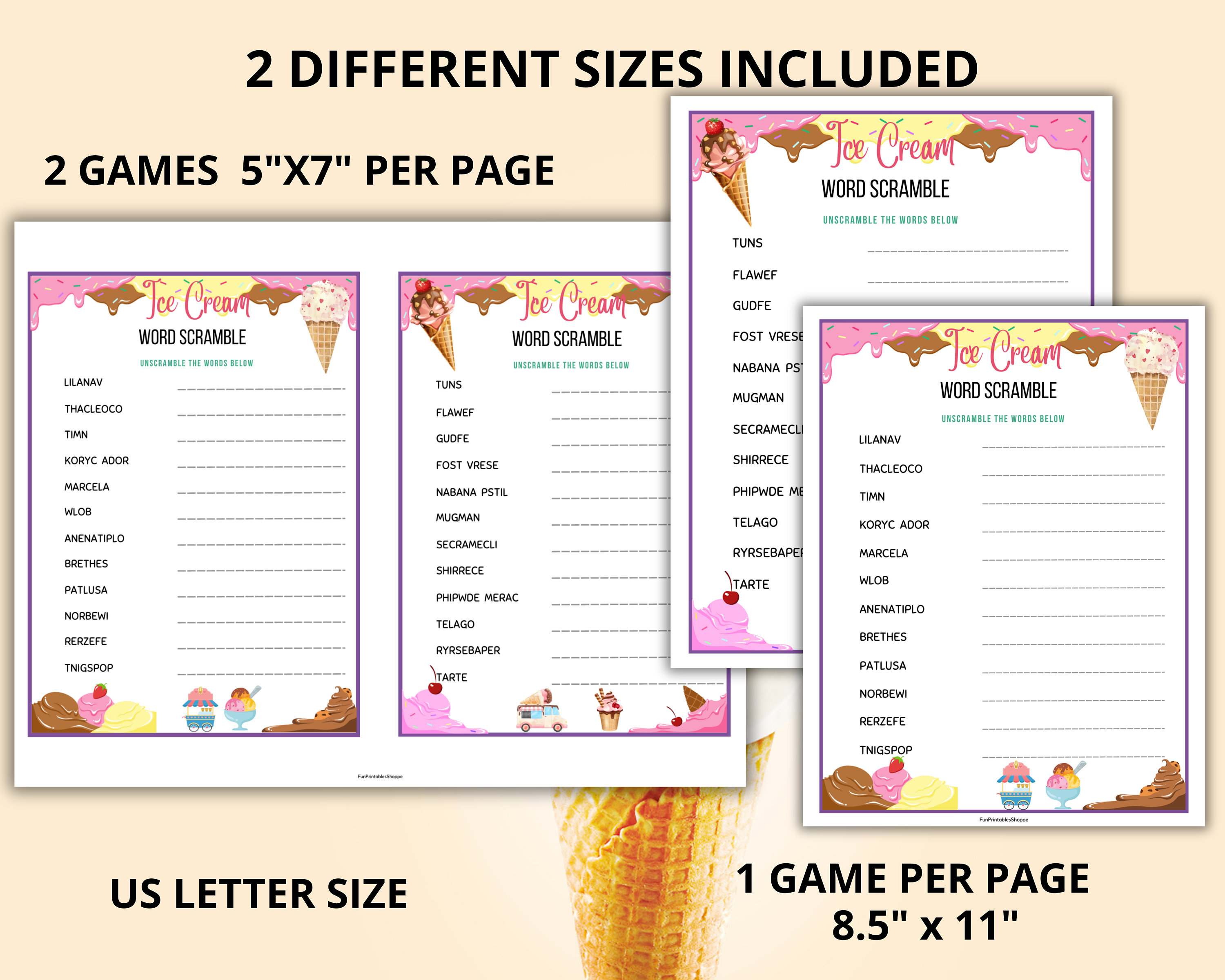 Ice Cream Word Scramble,ice Cream Party Game,word Search,ice Cream ...