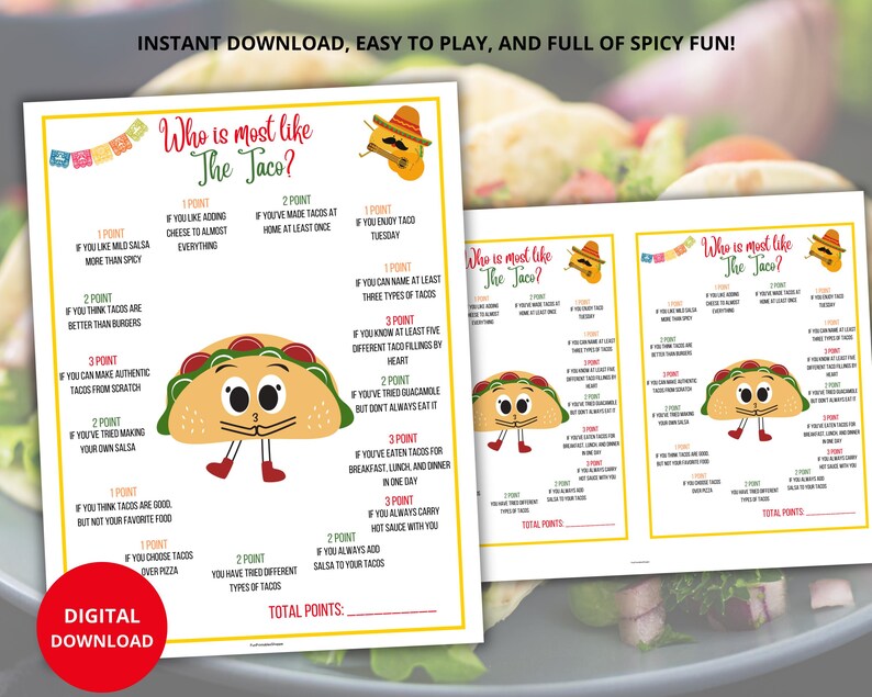 Who is Most Like the Taco,mexican Party Game,taco Tuesday Game,taco ...