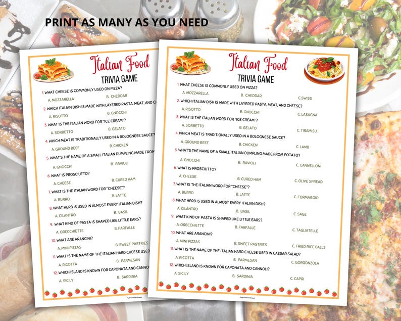 Italian Food Trivia Game,italian Food Quiz,pasta Party Trivia Game ...