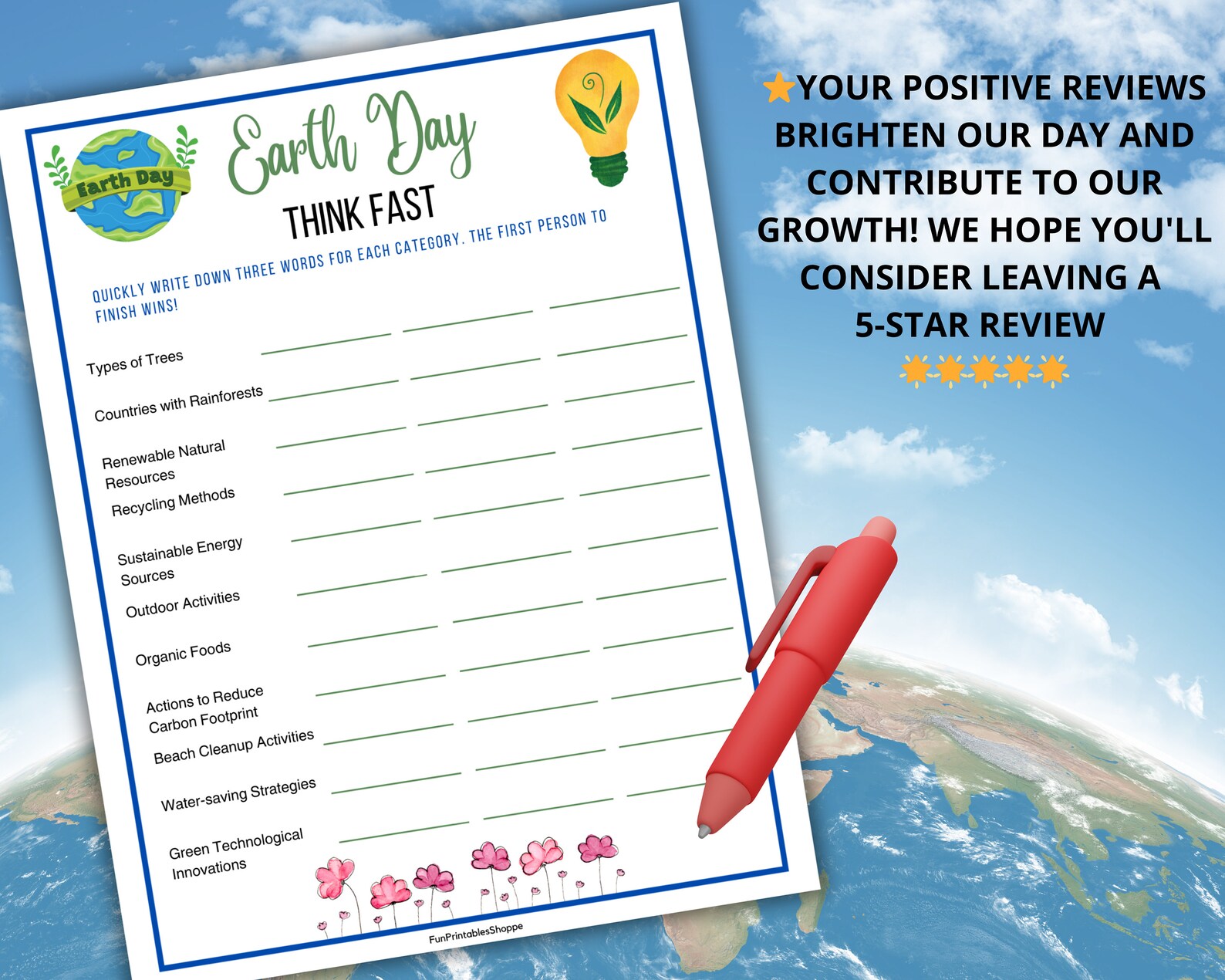 Earth Day Think Fast Game,think Fast Game,spring Activity,earth Day for ...