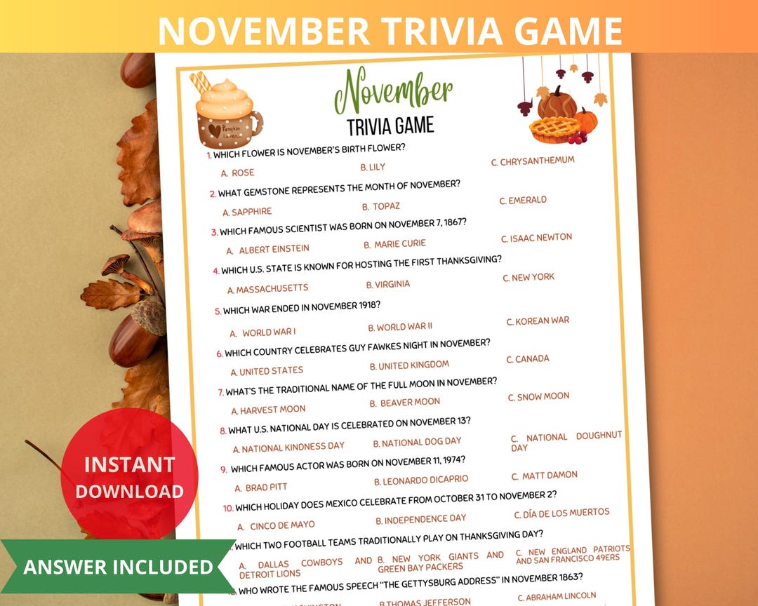 November Trivia Game,month Party Games,month Trivia Game,november Quiz ...