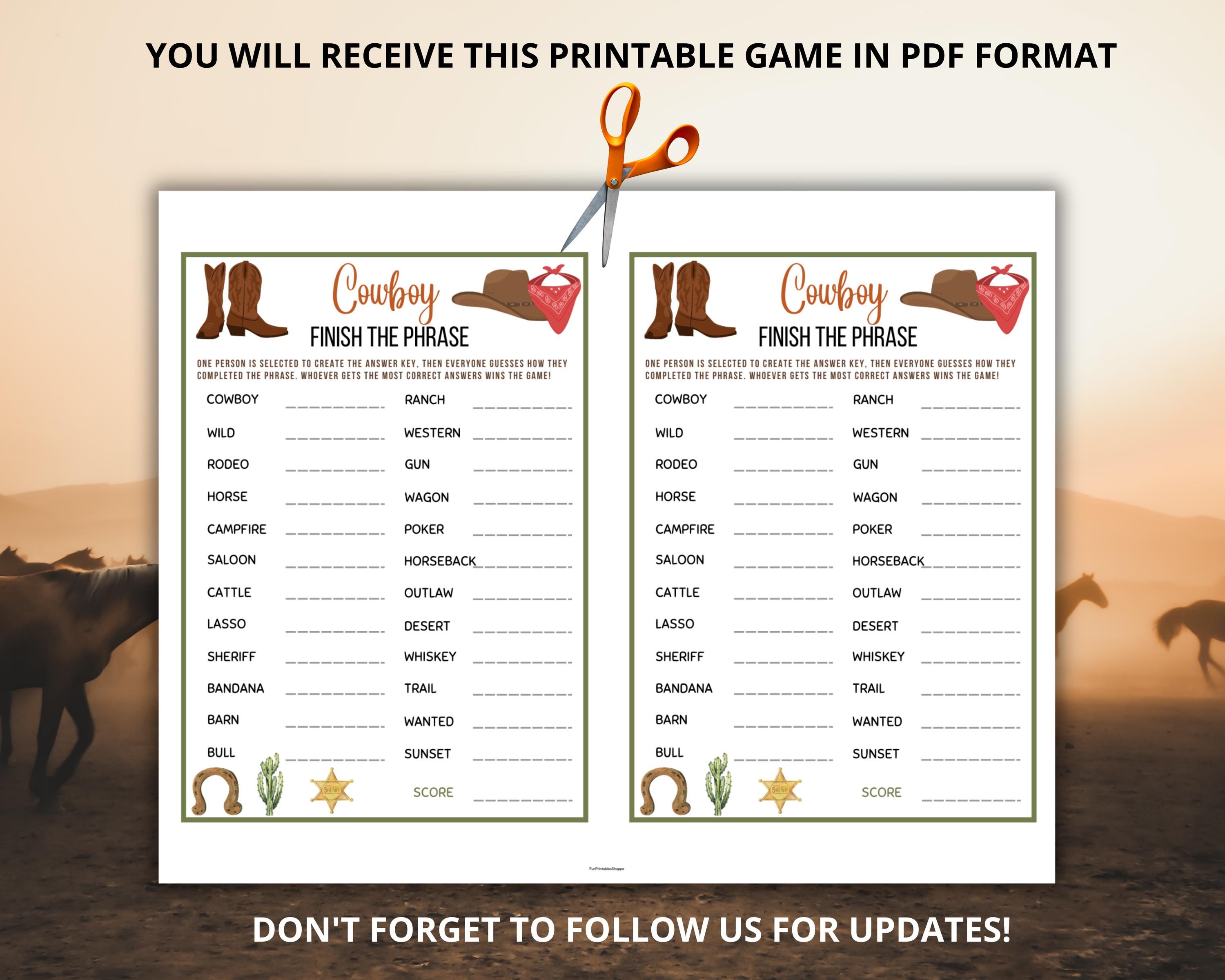 Cowboy Finish the Phrase,cowboy Trivia Quiz,western Party Game,cowboy ...
