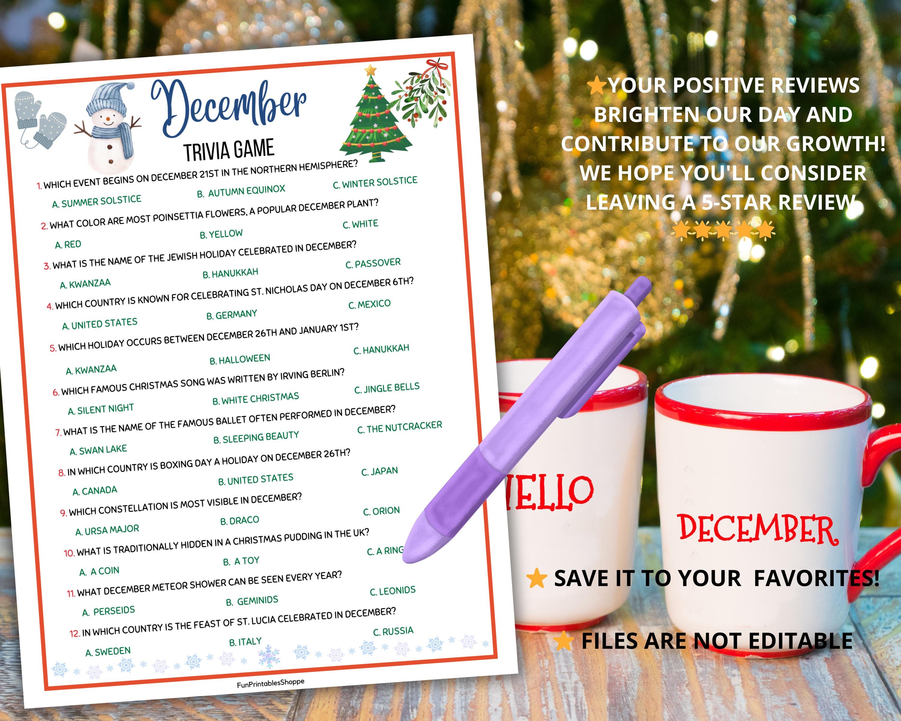 December Trivia Game,winter Holiday Game,december Quiz,winter Season ...