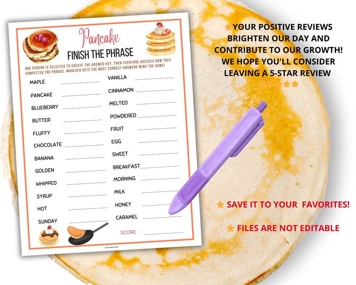 Pancake Finish the Phrase Game,pancake Trivia,pancake Party Game ...