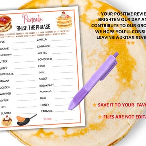 Pancake Finish the Phrase Game,pancake Trivia,pancake Party Game ...