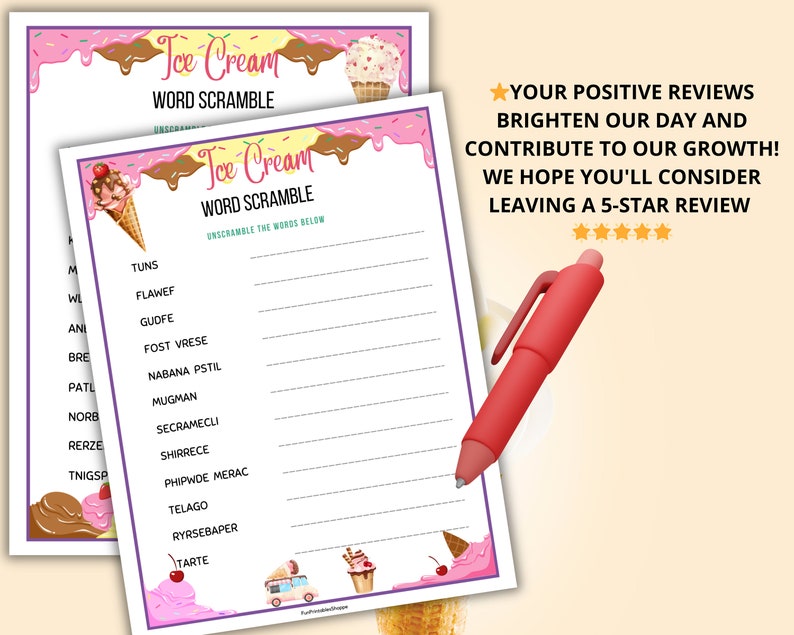 Ice Cream Word Scramble,ice Cream Party Game,word Search,ice Cream ...