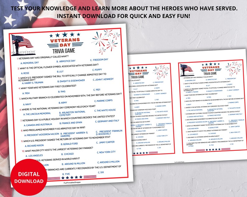 Veterans Day Trivia Game,veterans Day Quiz,patriotic Games,veterans Day ...