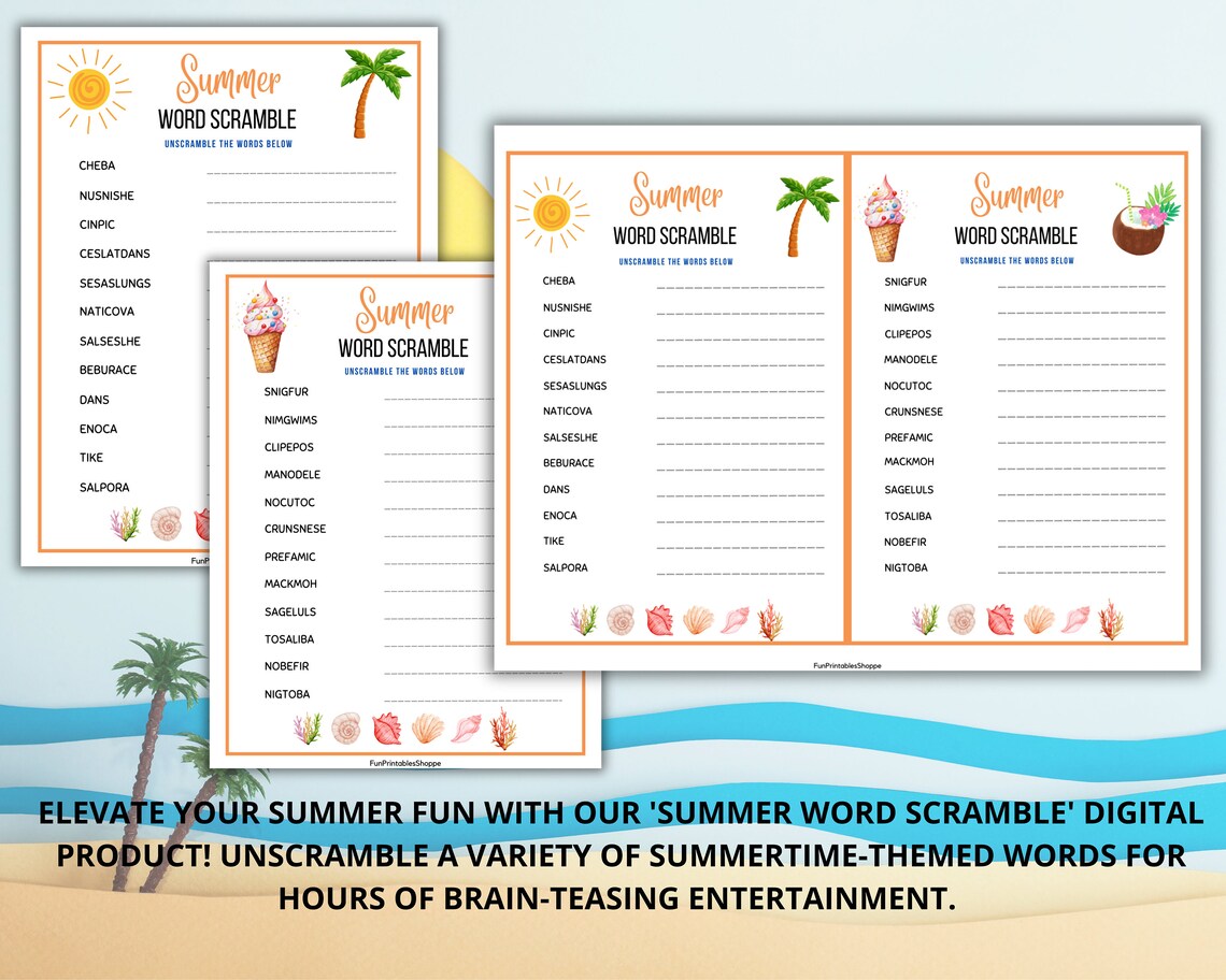 Summer Word Scramble,summertime Games,summer Party Games,summer ...