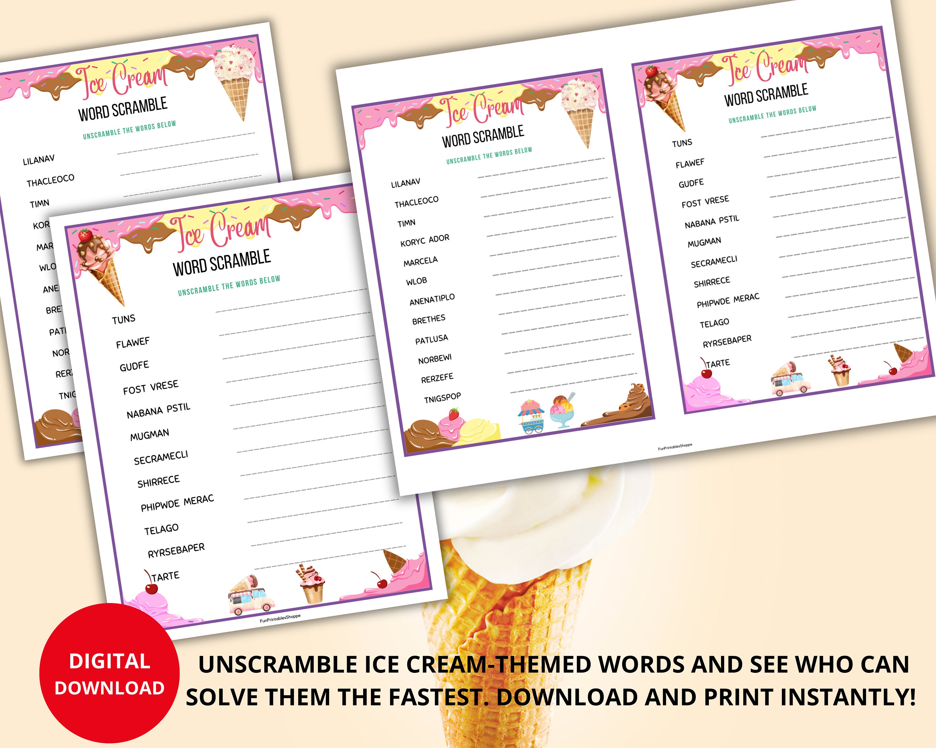 Ice Cream Word Scramble,ice Cream Party Game,word Search,ice Cream ...
