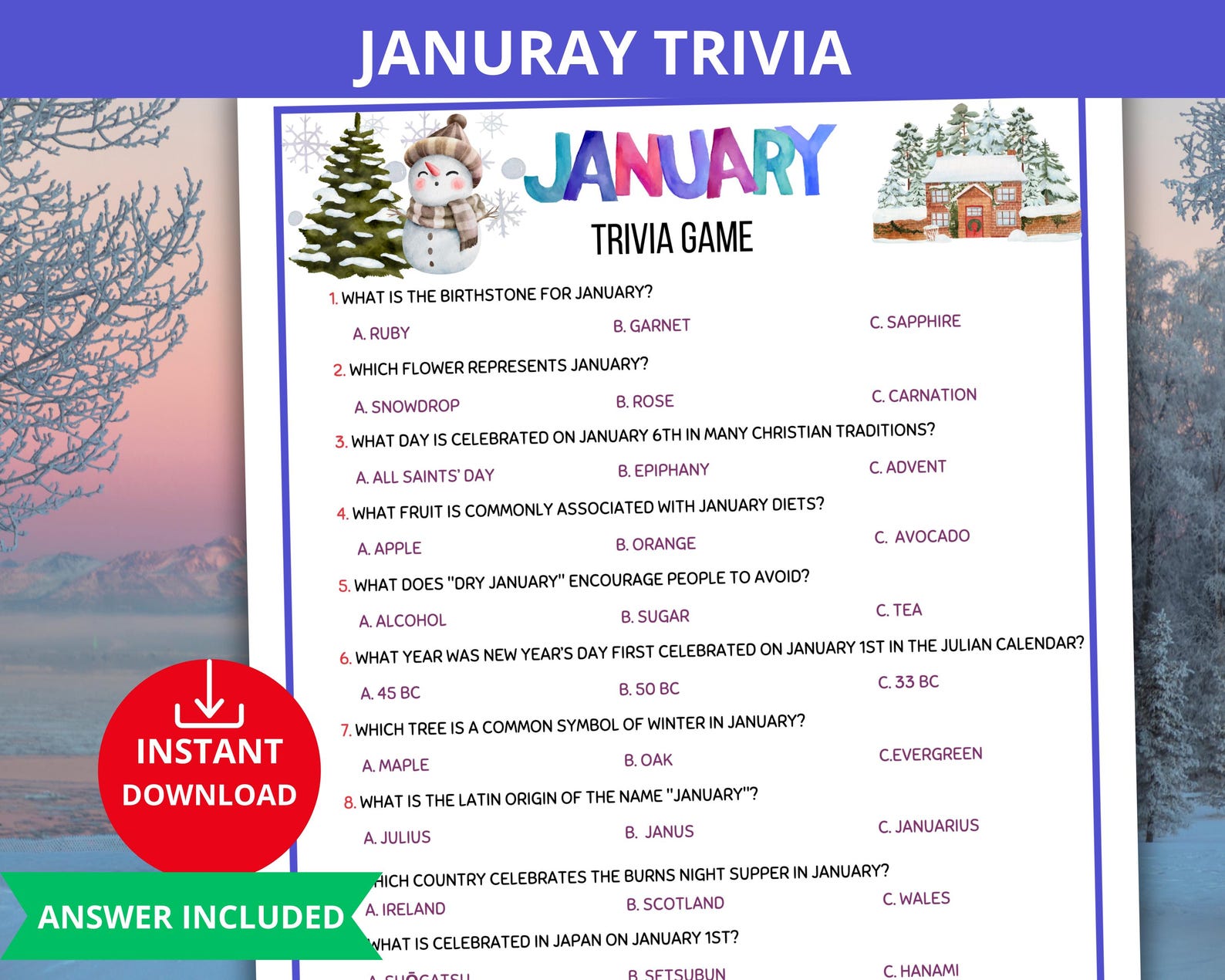 January Trivia Game,winter Trivia,month Trivia,january Quiz,holiday ...