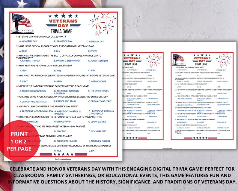 Veterans Day Trivia Game,veterans Day Quiz,patriotic Games,veterans Day ...