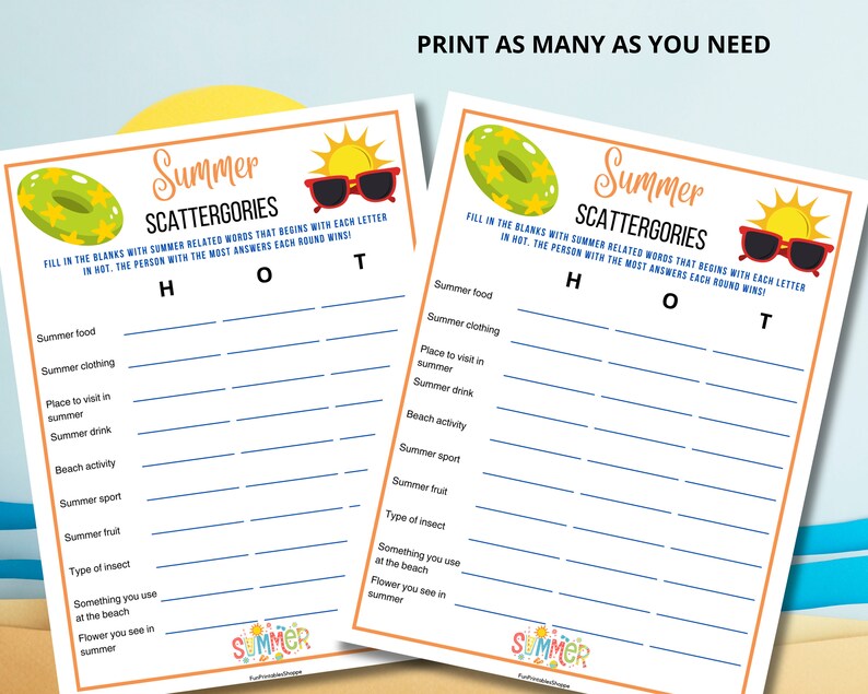 Summer Scattergories Game,summer Family Reunion,summer Fun Game,summer ...