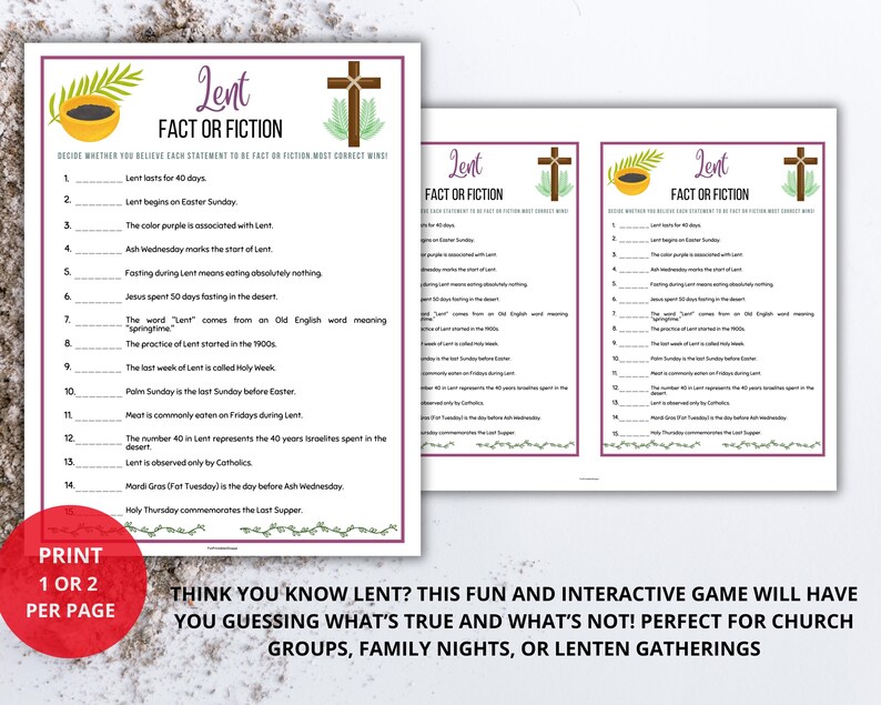 Lent Fact or Fiction,lent Quiz,lent Trivia Game,easter Bible True or ...
