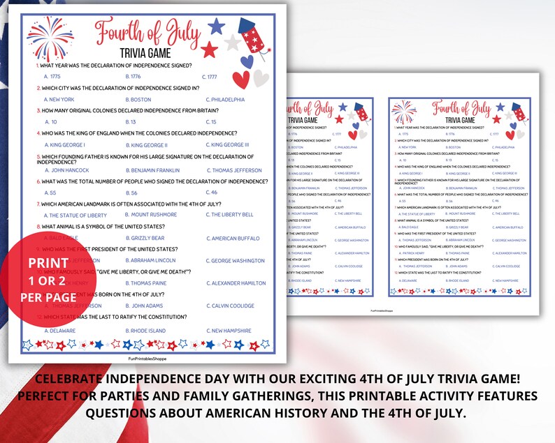 4th of July Trivia Game,july Trivia,summer Trivia Quiz,fourth or July ...