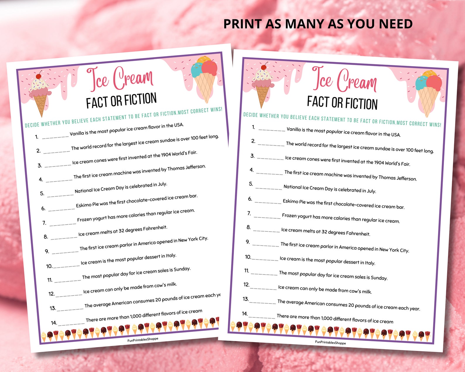 Ice Cream Fact or Fiction,ice Cream Trivia,ice Cream Social Game ...