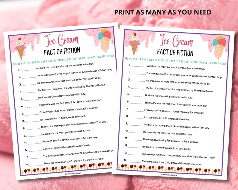 Ice Cream Fact or Fiction,ice Cream Trivia,ice Cream Social Game ...
