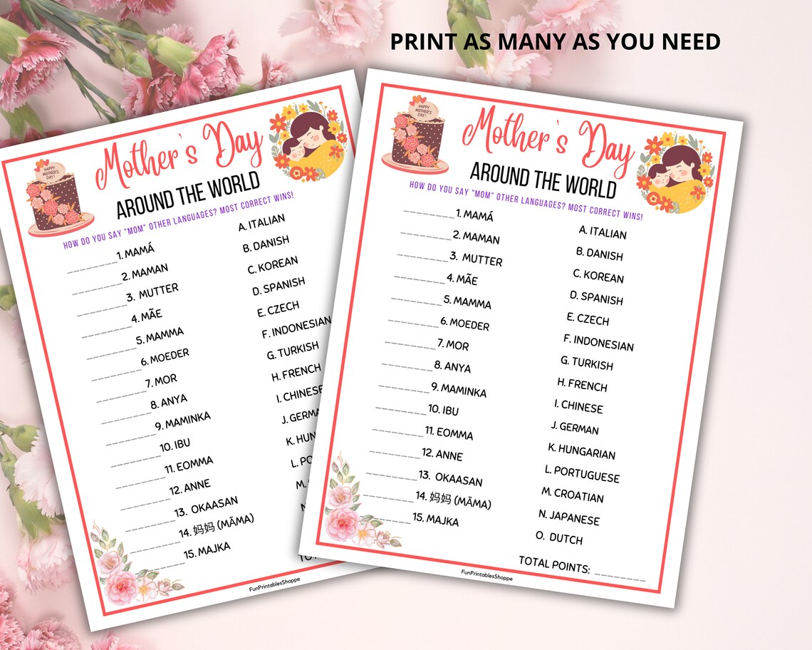 Mother's Day Around the World Game,mom Day Printable Games,family Games ...