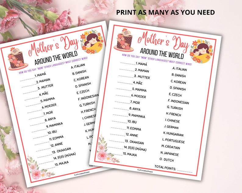 Mother's Day Around the World Game,mom Day Printable Games,family Games ...