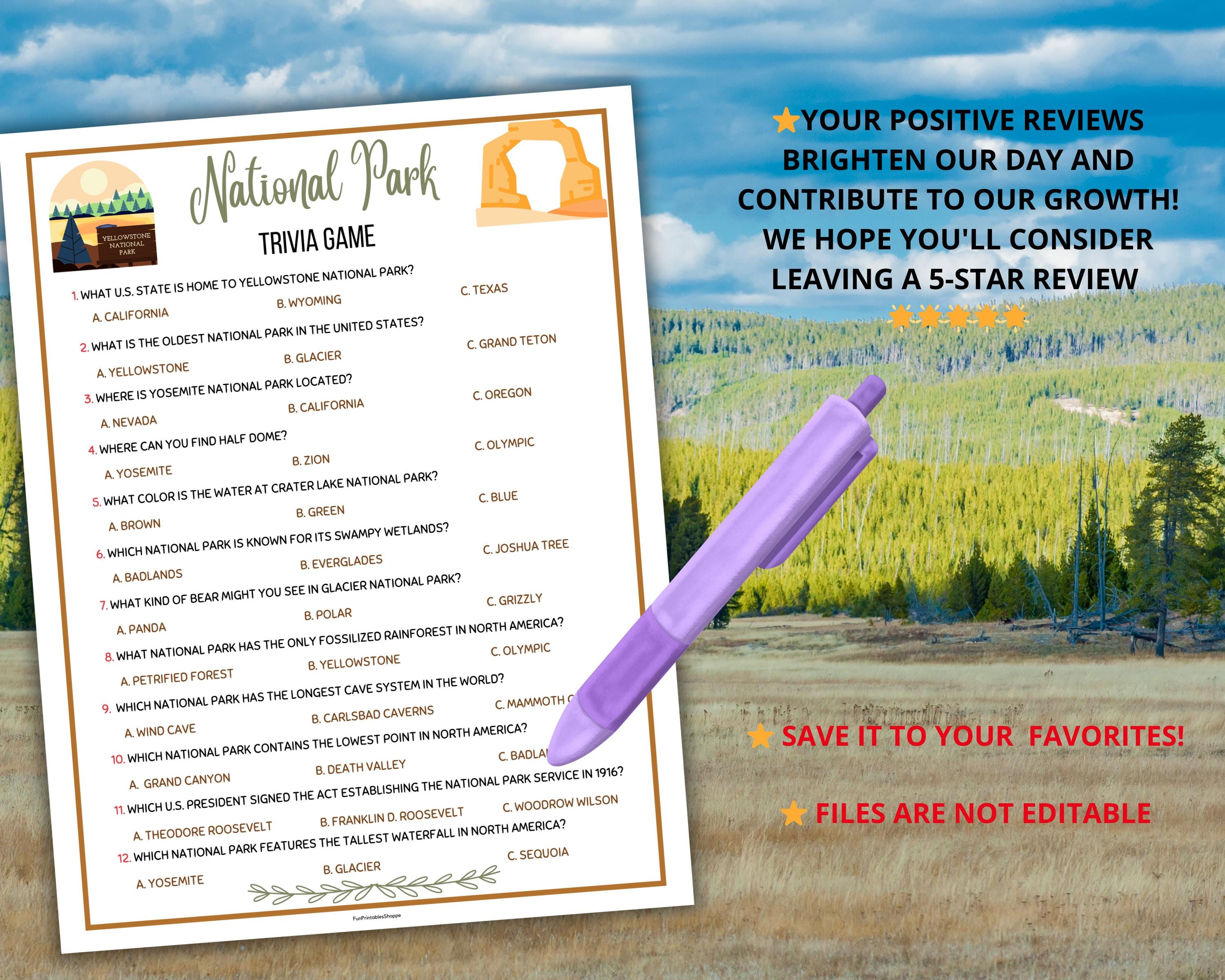National Park Trivia Game,us Parks Quiz,road Trip Games,educational ...