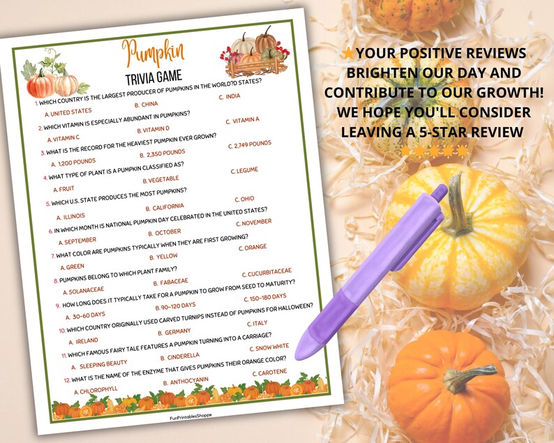 Pumpkin Trivia Game,fall Trivia,autumn Trivia,pumpkin Quiz,october ...