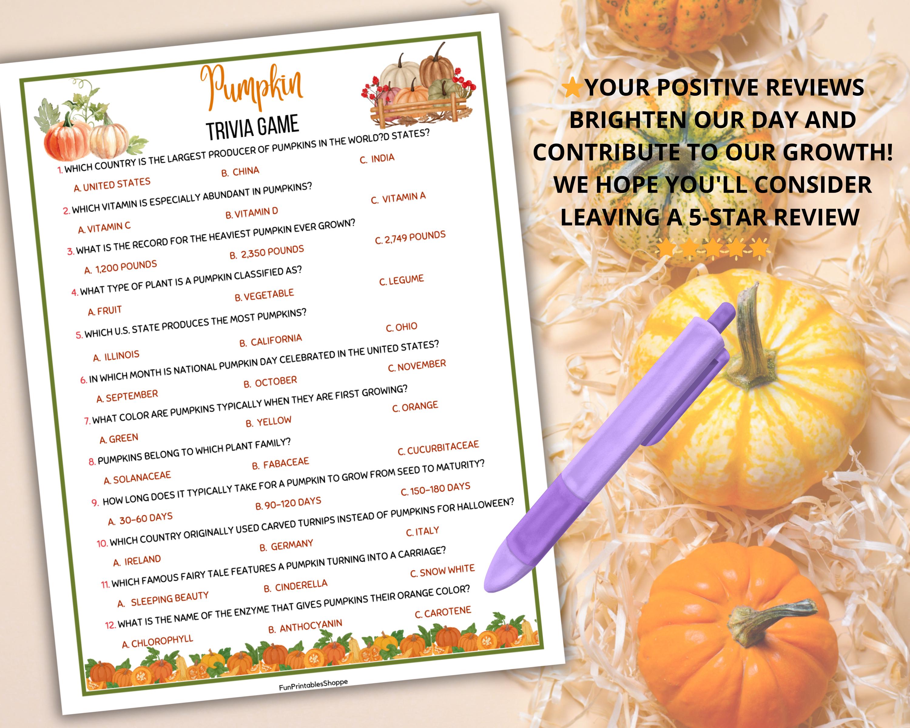 Pumpkin Trivia Game,fall Trivia,autumn Trivia,pumpkin Quiz,october ...