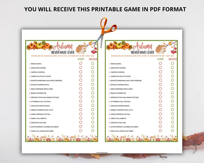Autumn Never or Ever,fall Never Have I Ever,autumn Party Game,fall ...
