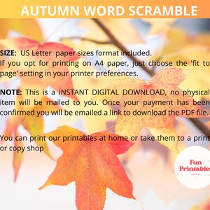 Fall Word Scramble,autumn Word Scramble,fall Activity,family Game ...
