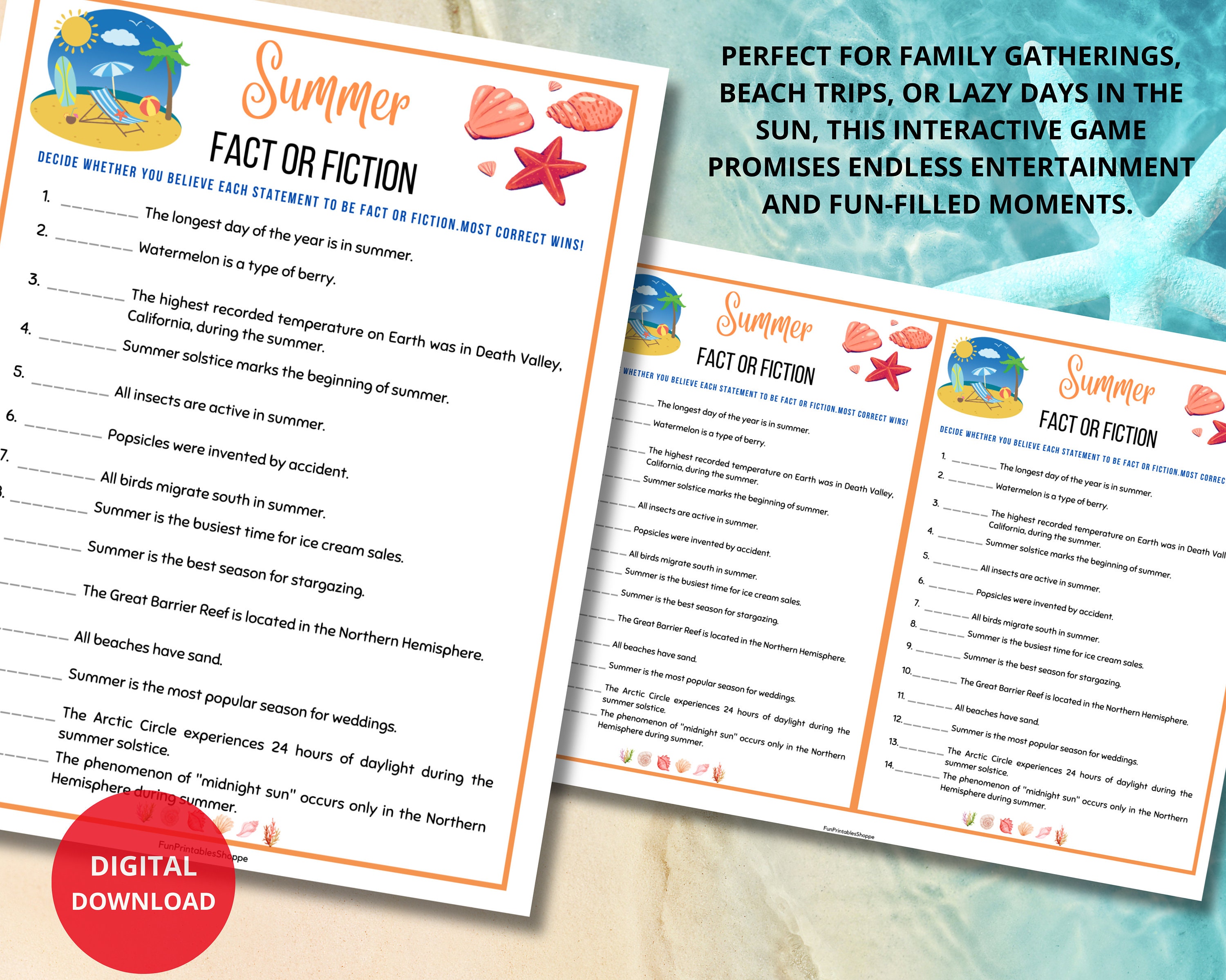 Summer Fact or Fiction,summer Trivia Party Game,family Summer Games ...