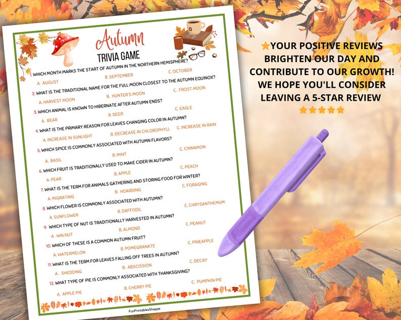 Fall Trivia Game,autumn Trivia Quiz,fall Party Game,autumn Activity ...