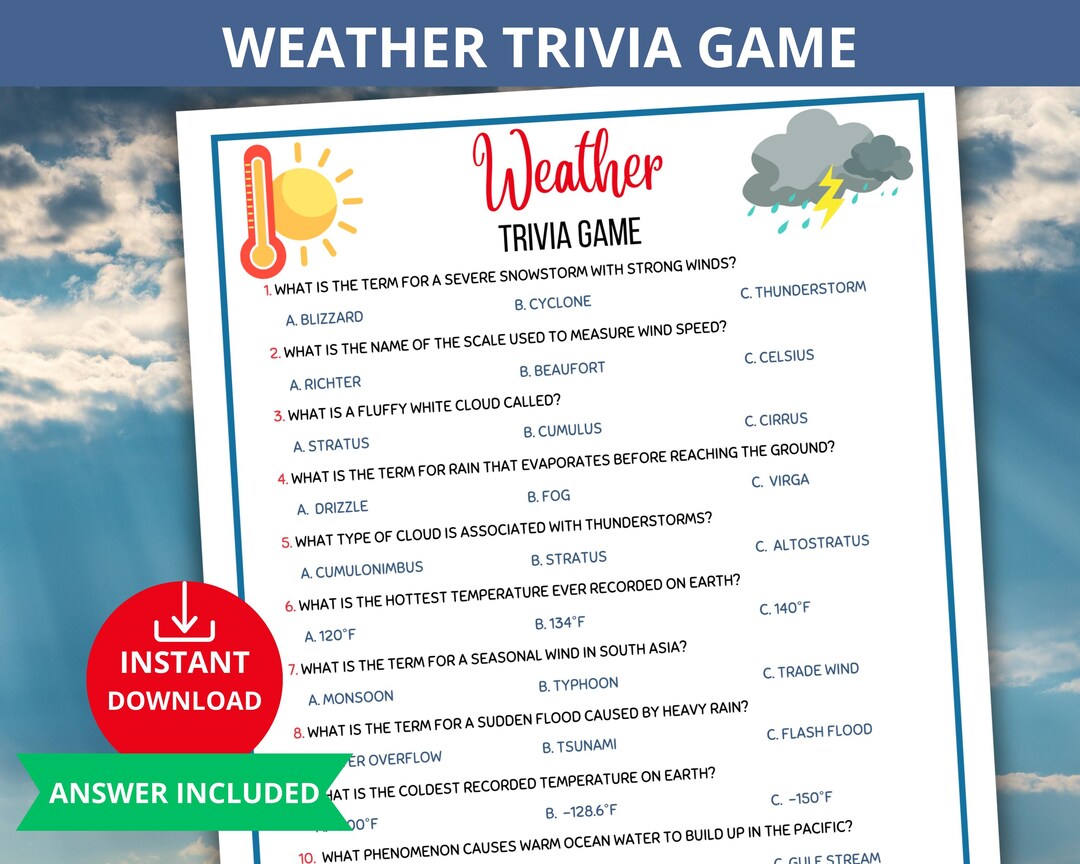 Weather Trivia Game,weather Quiz,weather Questions,weather Printable ...