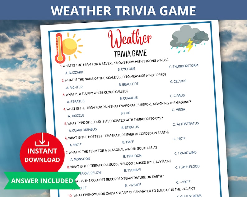Weather Trivia Game,weather Quiz,weather Questions,weather Printable ...